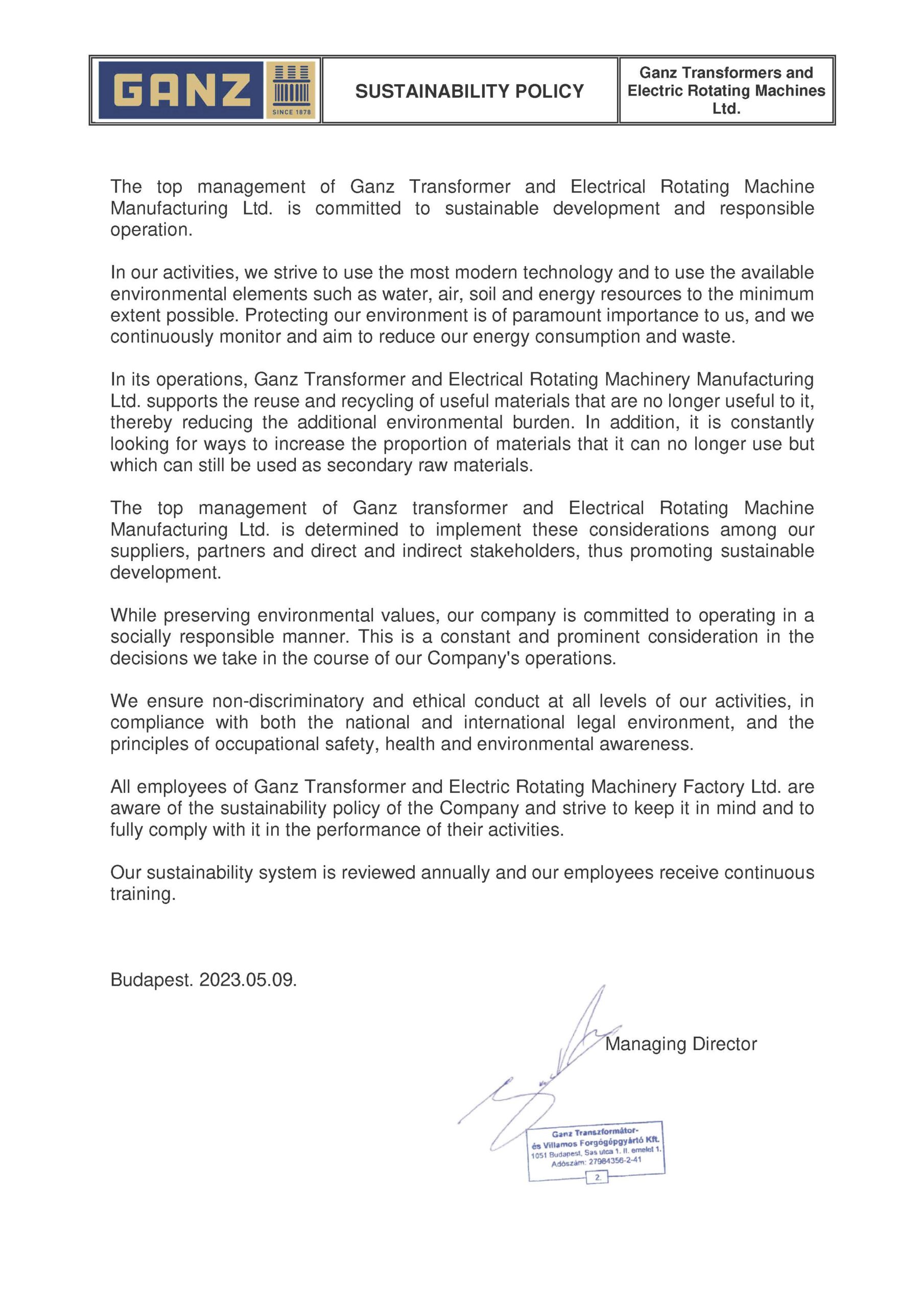 Policies - Ganz Transzformátor- és Villamos Forgógépgyártó Kft